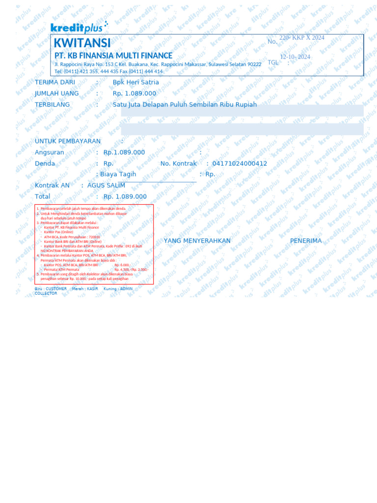Kwitansi: Pt. KB Finansia Multi Finance | PDF