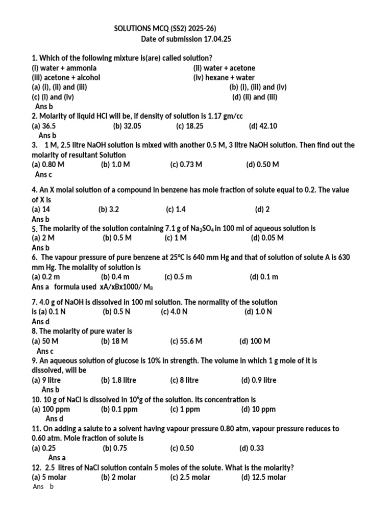 Solutions MCQ for Chemistry 2025-26 | PDF | Concentration | Solubility