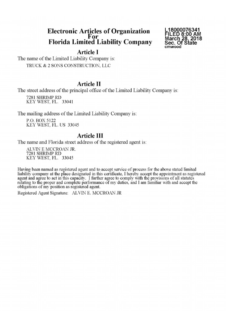 Florida Limited Liability Company-truck&2sonsconstruction | PDF