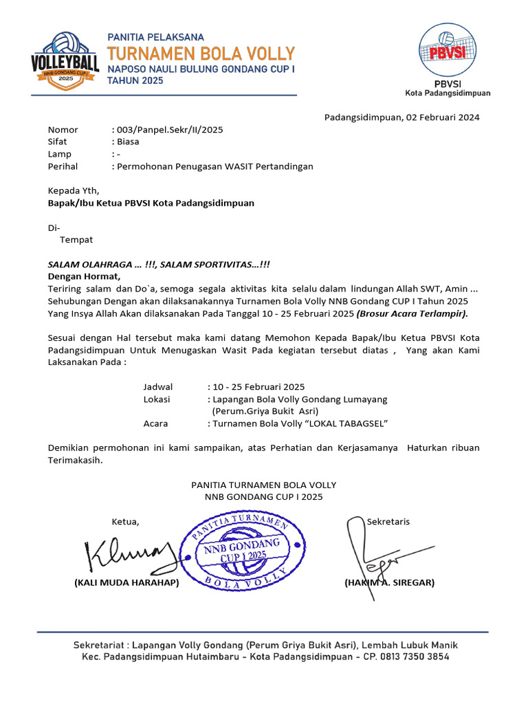 Surat Permohonan Penugasan Wasit Turnamen NNB Gondang CUP | PDF