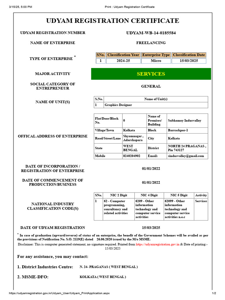 Print _ Udyam Registration Certificate | PDF