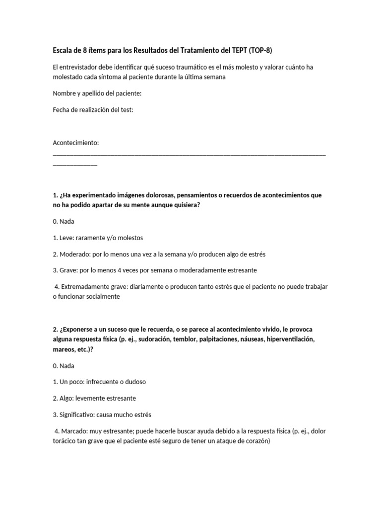 Escala de 8 Ítems para Los Resultados Del Tratamiento Del TEPT para Completar | PDF | Trastorno ...