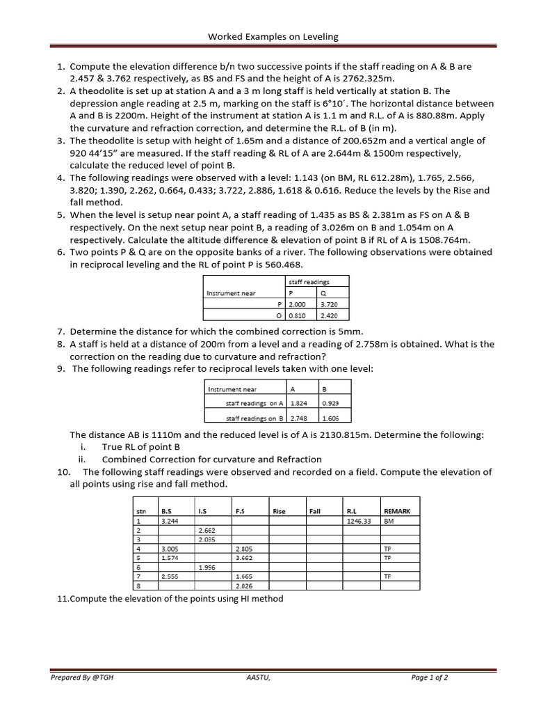 Worked Examples On Leveling | PDF