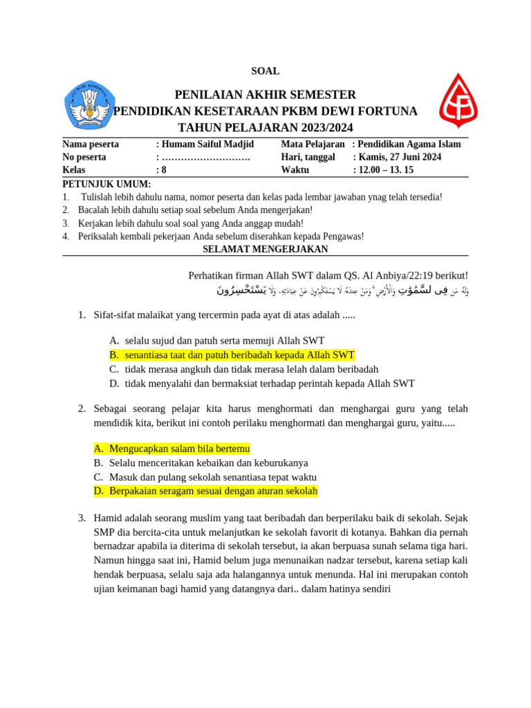 Kelas 8 - Uas Pa Islam | PDF