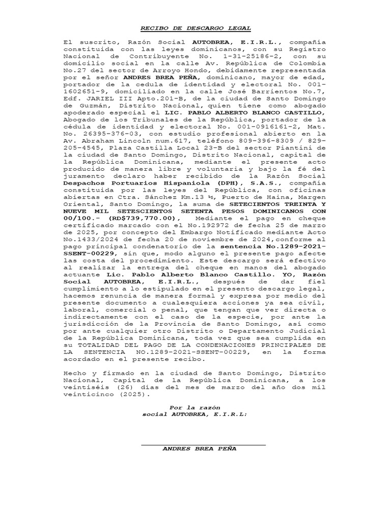 Recibo de Descargo Legal-Felicita Suero 02 | PDF | República Dominicana ...