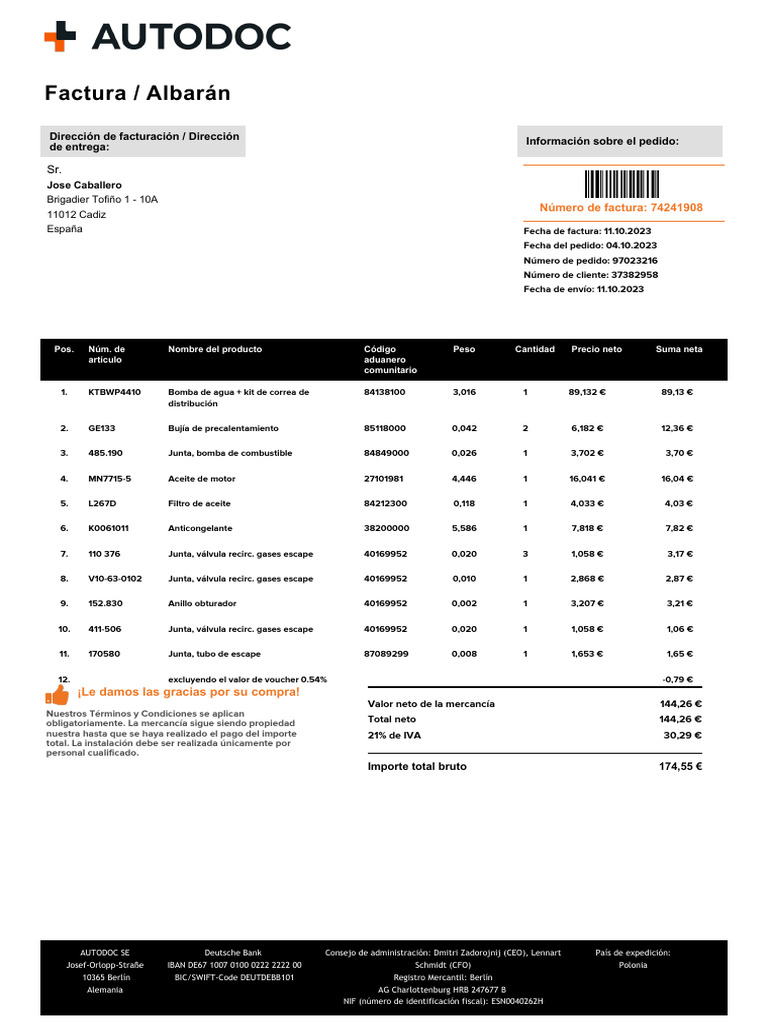 Factura Autodoc | PDF