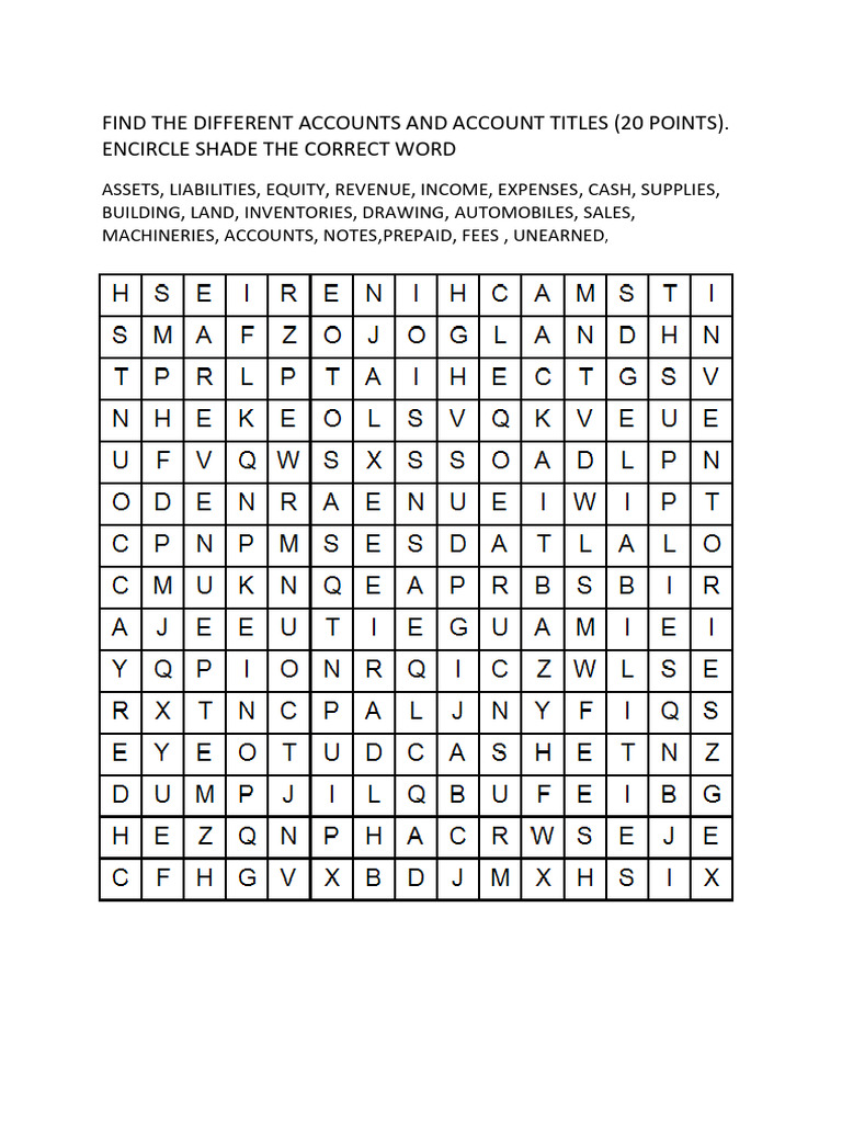 Accounts and Account Titles - Wordsearch | PDF