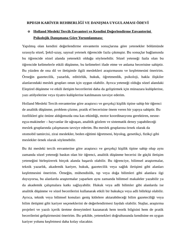 Kariyer Yorumlama Raporu | PDF