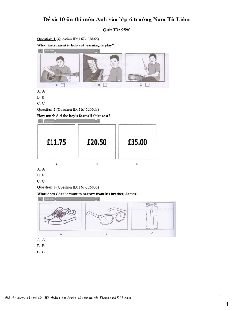 Quiz - 9590 - de So 10 On Thi Mon Anh Vao Lop 6 Truong Nam Tu Liem | PDF