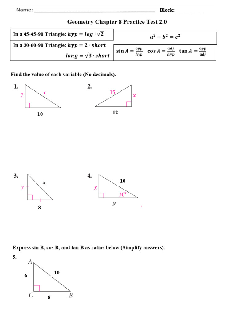 Geometry Chapter 8 Practice Test 2.0 New | PDF