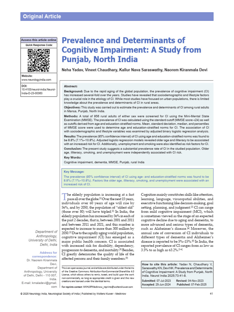 Prevalence and Determinants of Cognitive9 250211 201535 | PDF | Cognitive Science | Behavioural ...