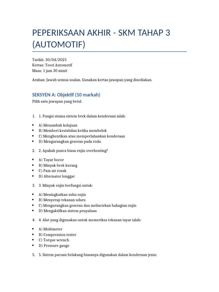 SKM3 Automotif MiniExam Set2 | PDF