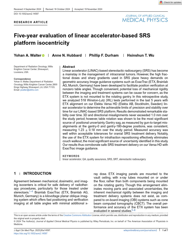 5 Year Evaluation of Linear Accelerator Based SRS Platform Isocentricity | PDF | Radiation ...