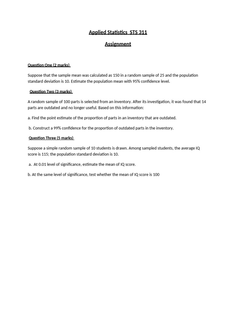 Applied Statistics STS 311 Assignment (1) | PDF