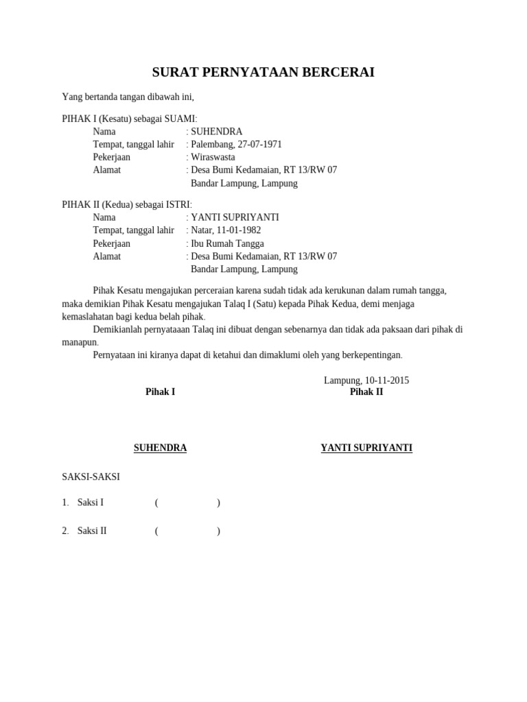 Surat Pernyataan Bercerai | PDF