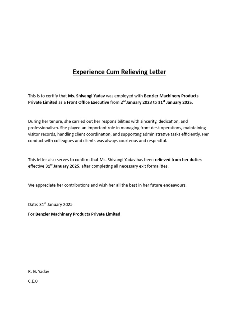 Experience Cum Relieving Letter | PDF