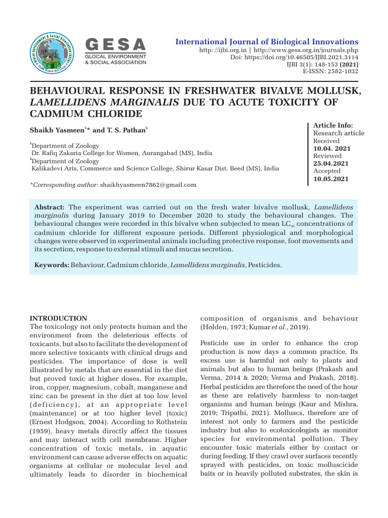 Behavioural Response in Freshwater Bival | PDF | Mollusca | Bivalvia