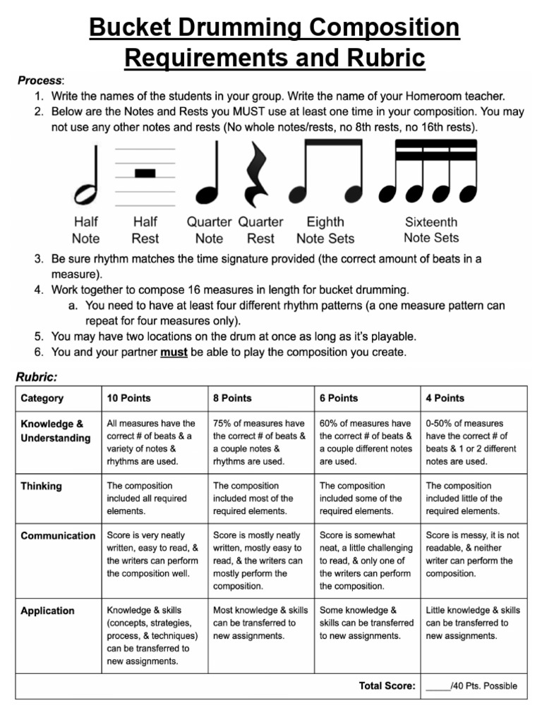 Bucket Drumming Composition Requirements and Rubric - Google Slides | PDF
