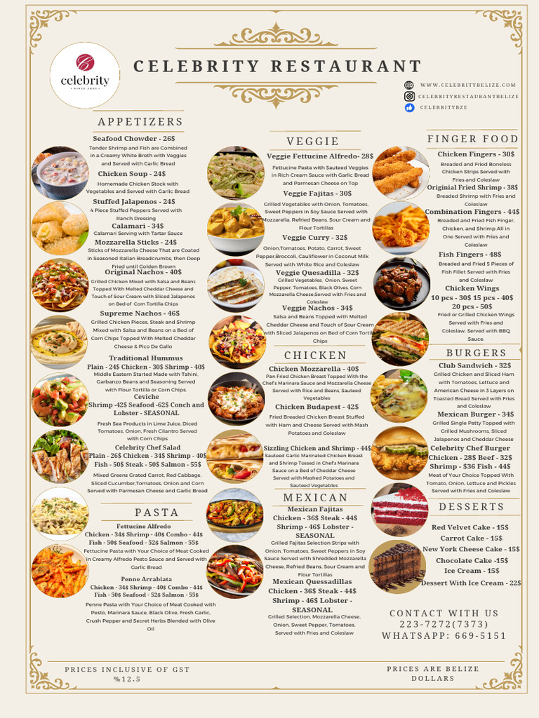 Celebrity Restaurant and Bar Menu (4PAGES) | PDF | Coleslaw | Hamburgers