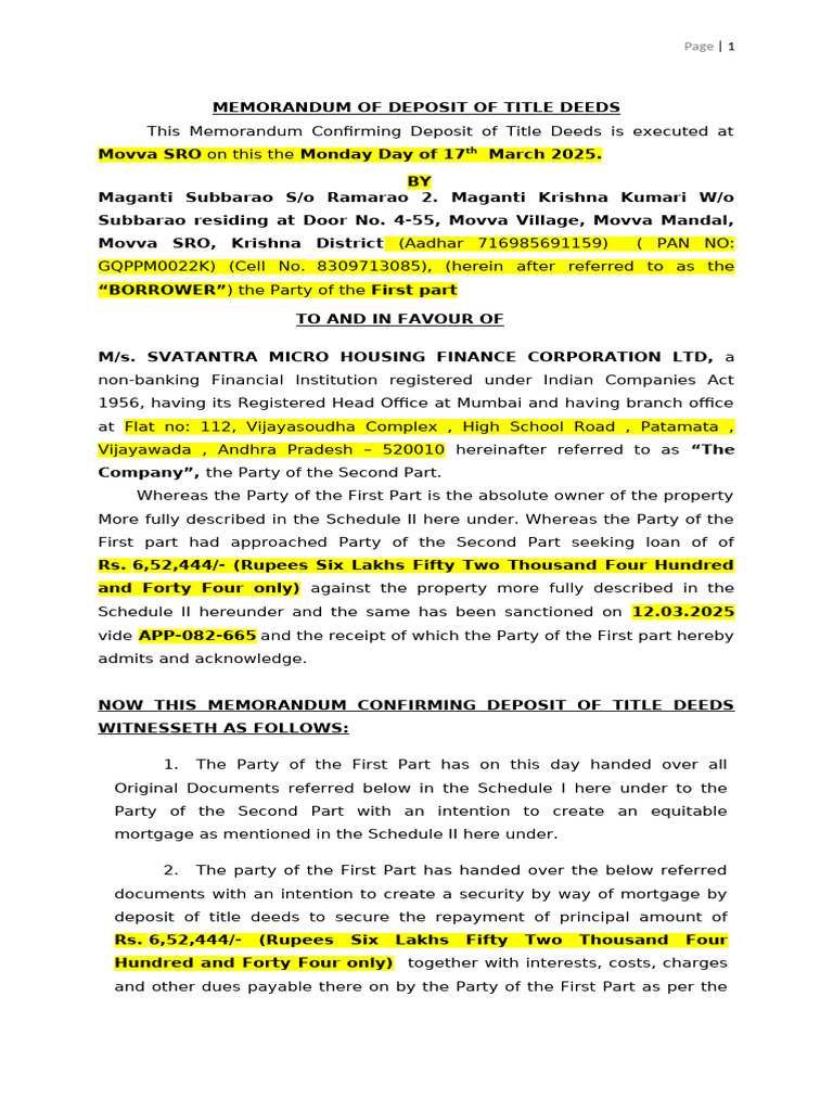 MEMORANDUM OF DEPOSIT OF TITLE DEEDS - Maganti Subbarao | PDF | Private ...