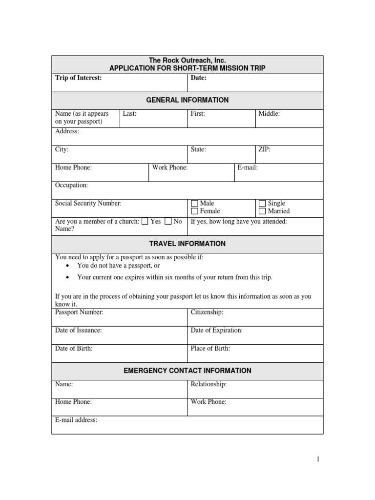 Mission Trip Application | PDF | Passport | Religion And Belief