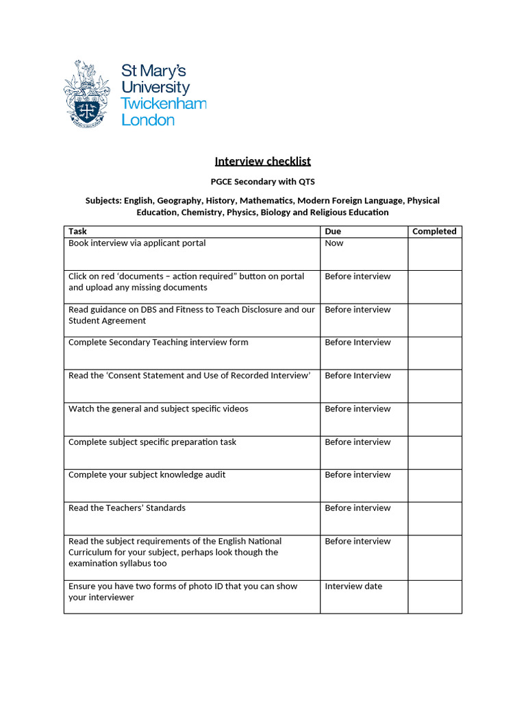 Pgce Secondary Interview Checklist | PDF