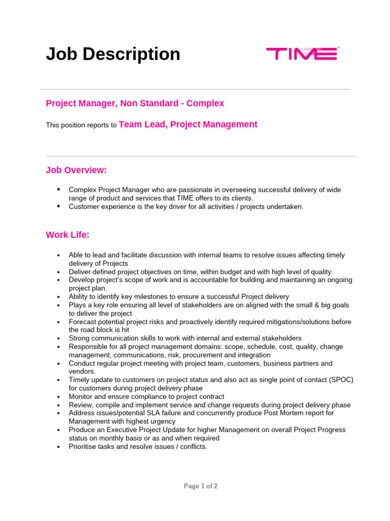 JD - Project Manager, Non Standard - Complex | PDF | Project Management ...