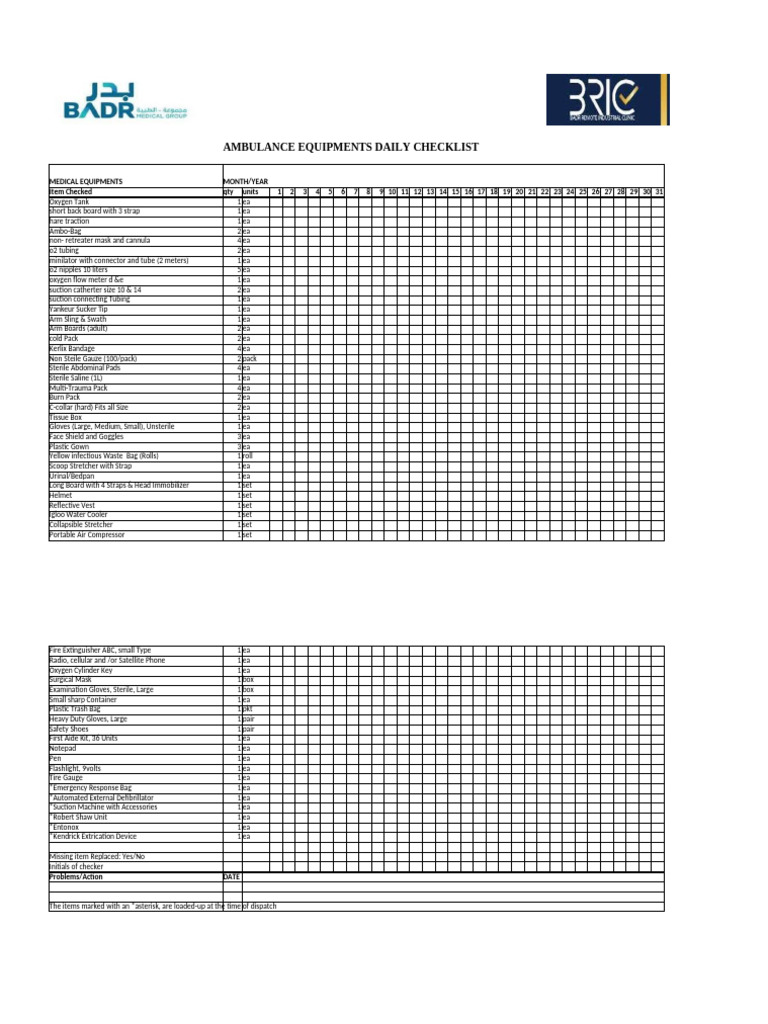 Ambulance Equipment Daily Checklist | PDF | Equipment