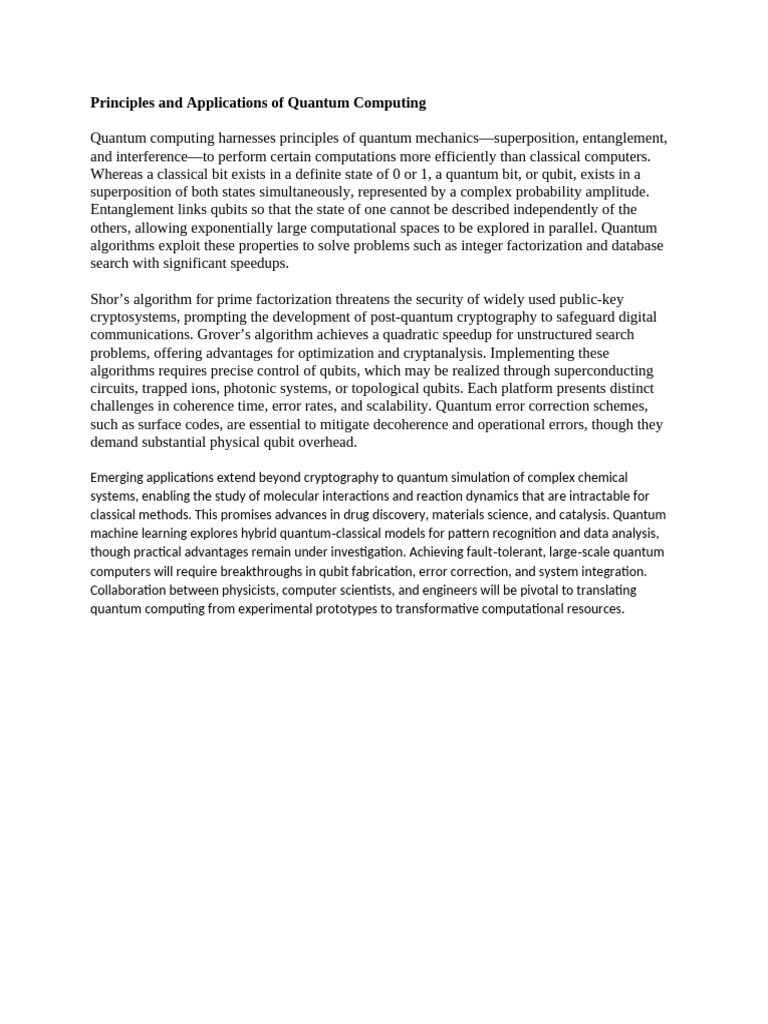 Principles and Applications of Quantum Computing | PDF