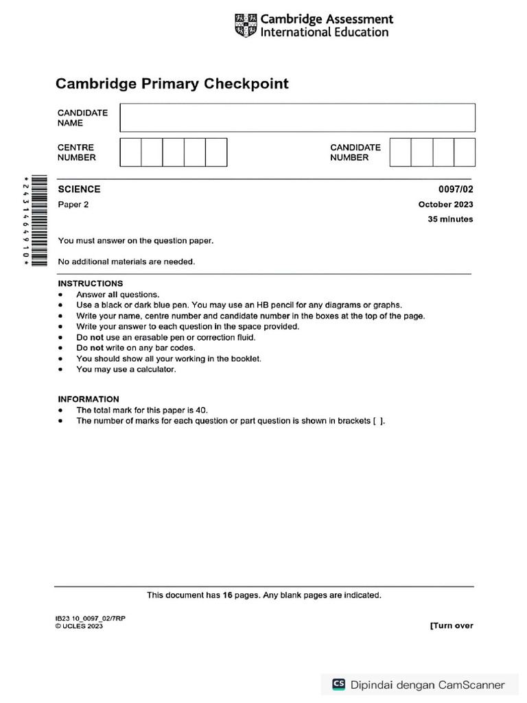 Science Primary Checkpoint October 2023 Paper 2 | PDF