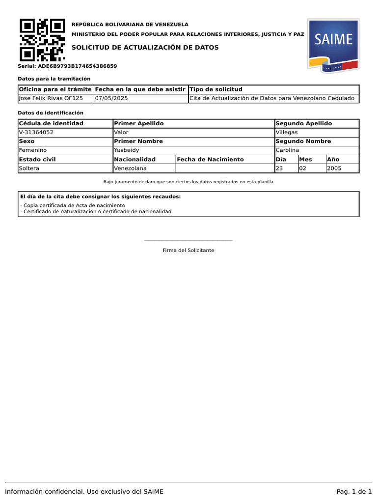 Solicitud de Actualización de Datos: Oficina para El Trámite Fecha en La Que Debe Asistir Tipo ...