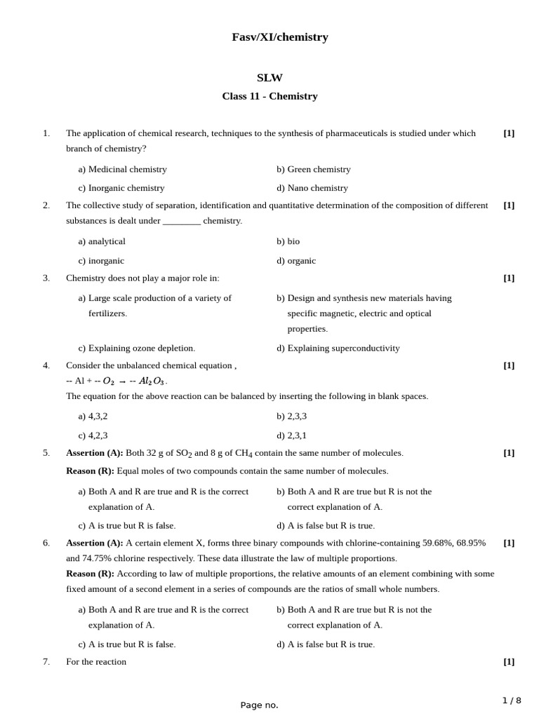 Worksheet On Basic Concept of Chemistry | PDF | Mole (Unit) | Chemistry