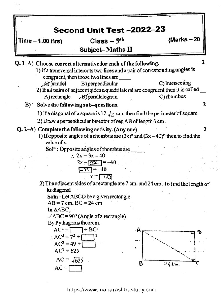 Mh Board Class 9 Ut2 Mathematics 2 261123 2023 | PDF