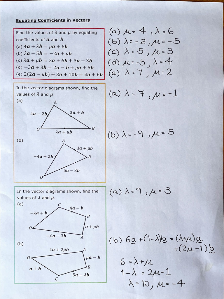 Equating Coefficients in Vectors Practice Strips Answers | PDF