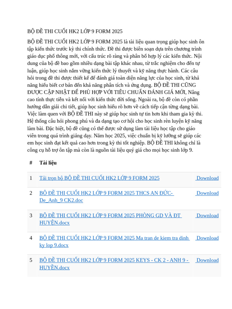 BỘ ĐỀ THI CUỐI HK2 LỚP 9 FORM 2025 full | PDF