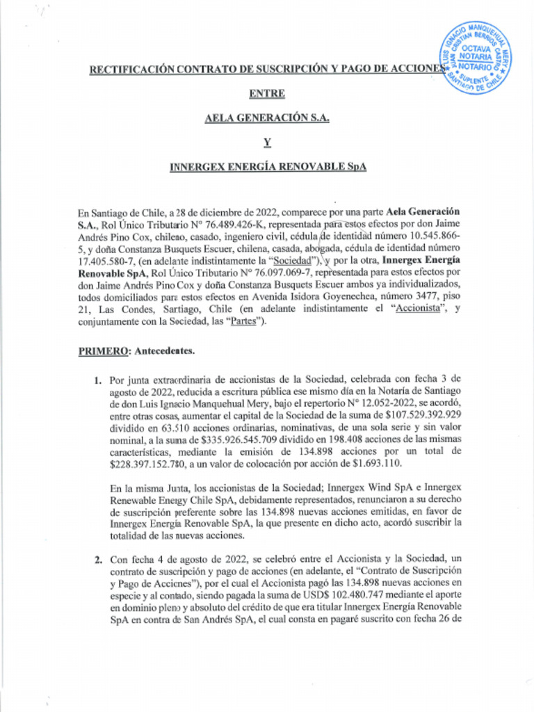 Rectificación Contrato Suscripción y Pago de Acciones Aela-IER | PDF
