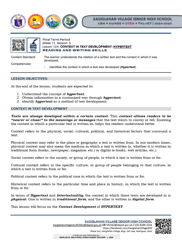 RWS-MELCs - L12A - Context in Text Development - Hypertext - V2024 ...