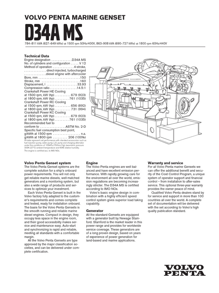 D34A MS: Volvo Penta Marine Genset | PDF | Electric Generator | Engines