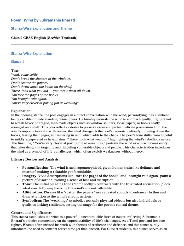 Wind Poem Explanation Class 9 | PDF | Psychological Resilience | Poetry