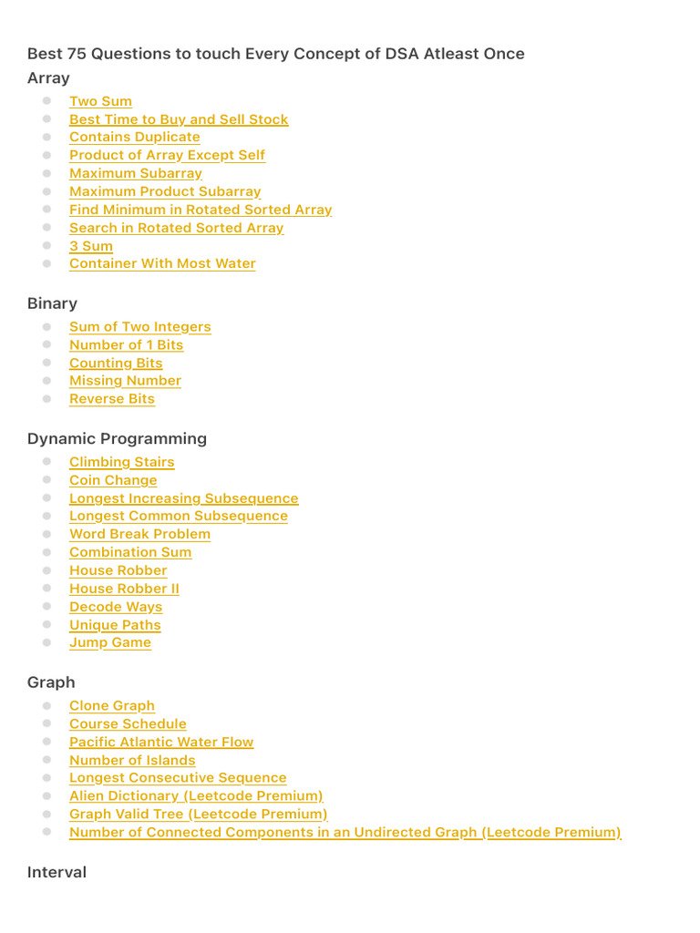 Best 75 Questions To Touch Every Concept of DSA Atleast Once | PDF