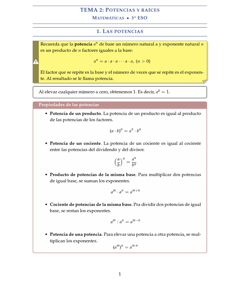 Tema 2 Las Potencias y Los Radicales 3º ESO-1 | PDF | Exponenciación | División (Matemáticas)