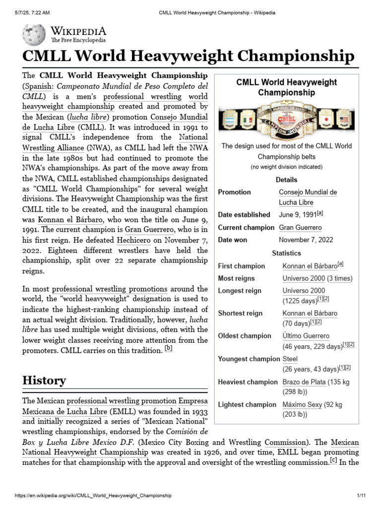 CMLL World Heavyweight Championship | PDF | Professional Wrestling ...