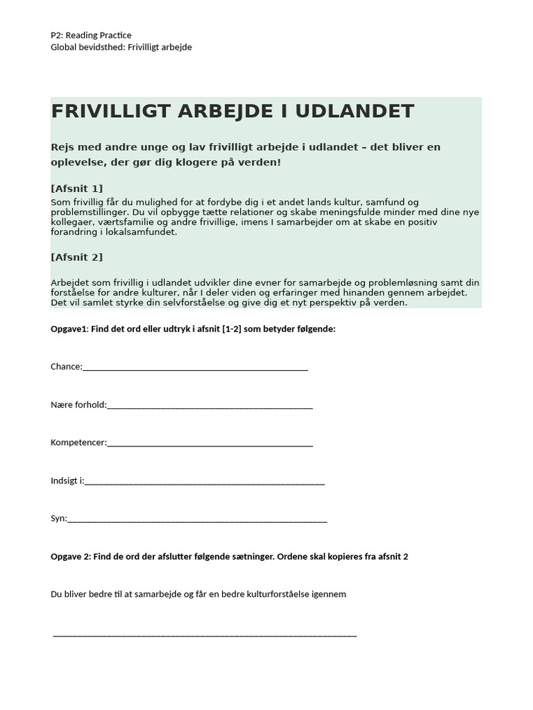 Work Alone P2 Reading Practice - Global Bevidsthed + P1 | PDF