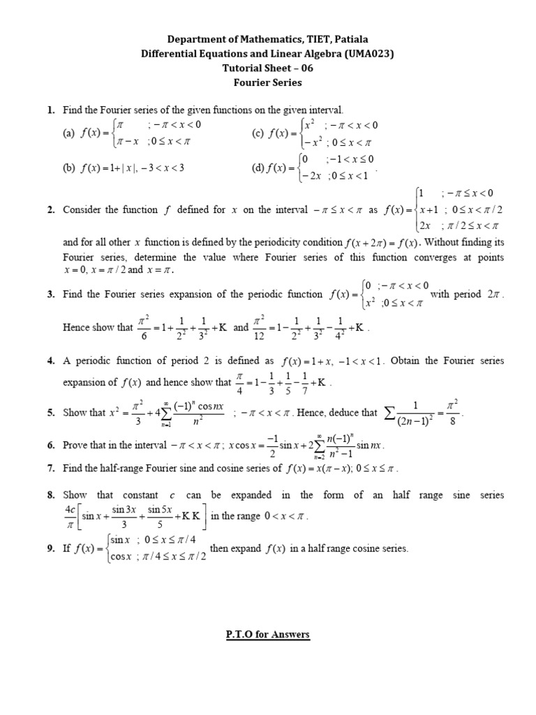 Tutorial Sheet - 06 - UMA023 | PDF | Fourier Series | Trigonometric ...