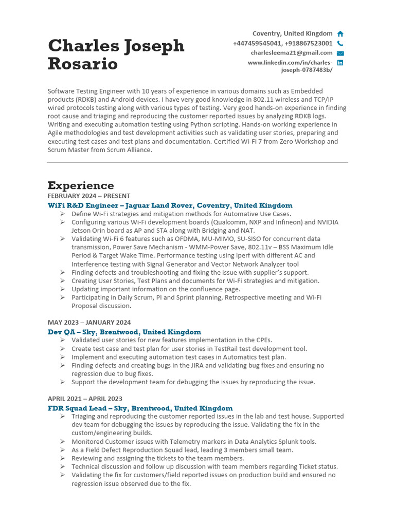 Charles Embedded Software Test Engineer - Resume | PDF | Wi Fi | Ieee ...