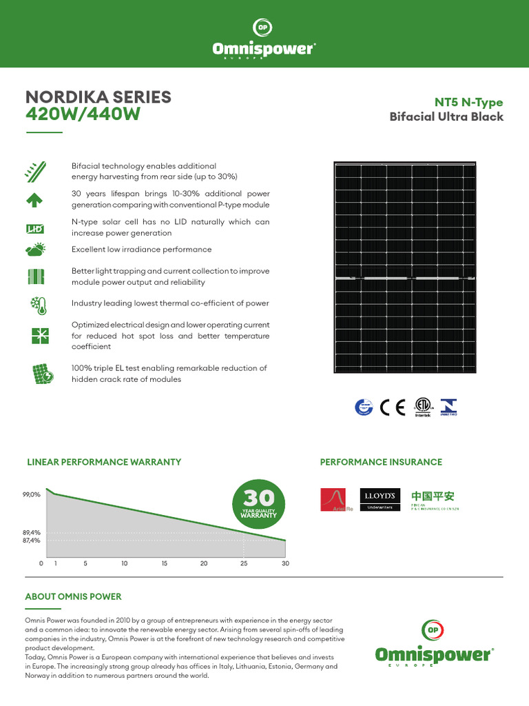 OPE Nordika 420 440W Bifacial Ultra Black | PDF | Solar Cell | Energy ...