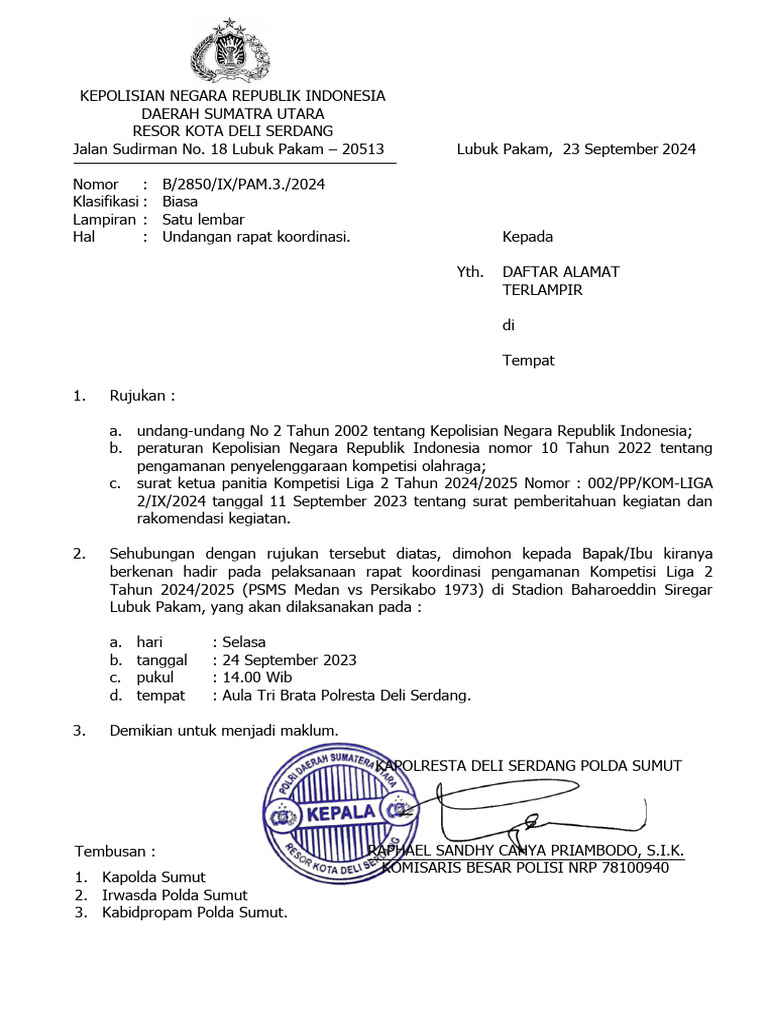 Surat Undangan Rakor Liga 2 Psms vs Persikabo | PDF