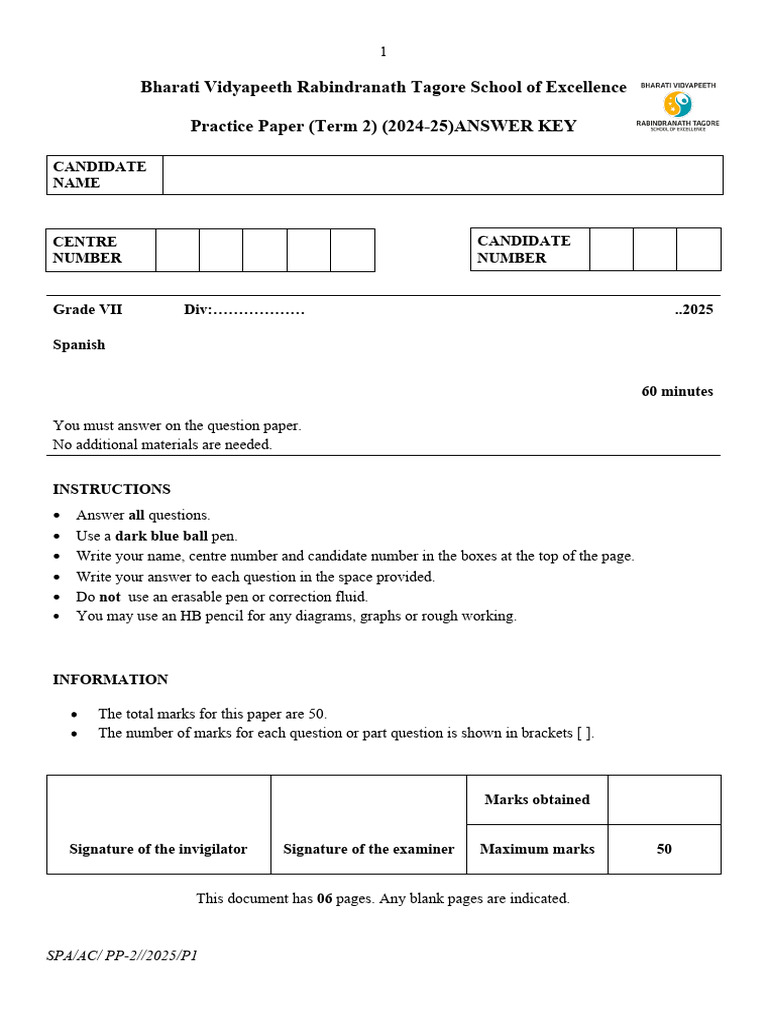 Spanish-Grade 7-Term 2 Practice Paper ANSWER KEY | PDF