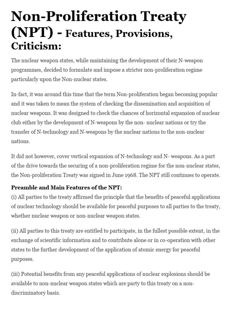 Non_Proliferation_Treaty_NPT_Features_Pr | PDF | Treaty On The Non ...