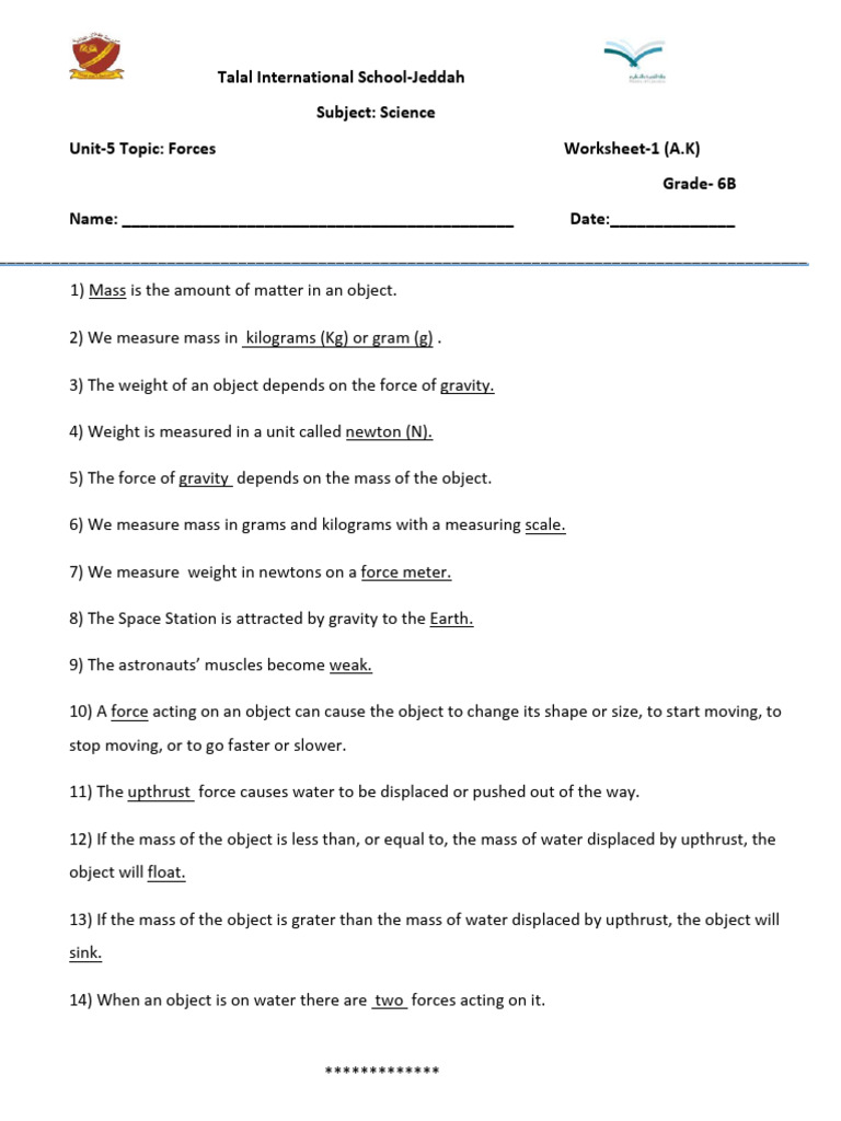 Grade-6B Science Unit-5 Forces and Electricity-W.s-1 A.K | PDF